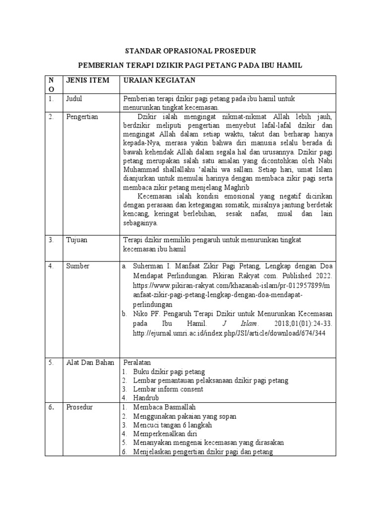 Sop Pemberian Edukasi Dzikir Pagi Petang Untuk Ibu Hamil | PDF | Pengembangan Diri | Kesehatan ...