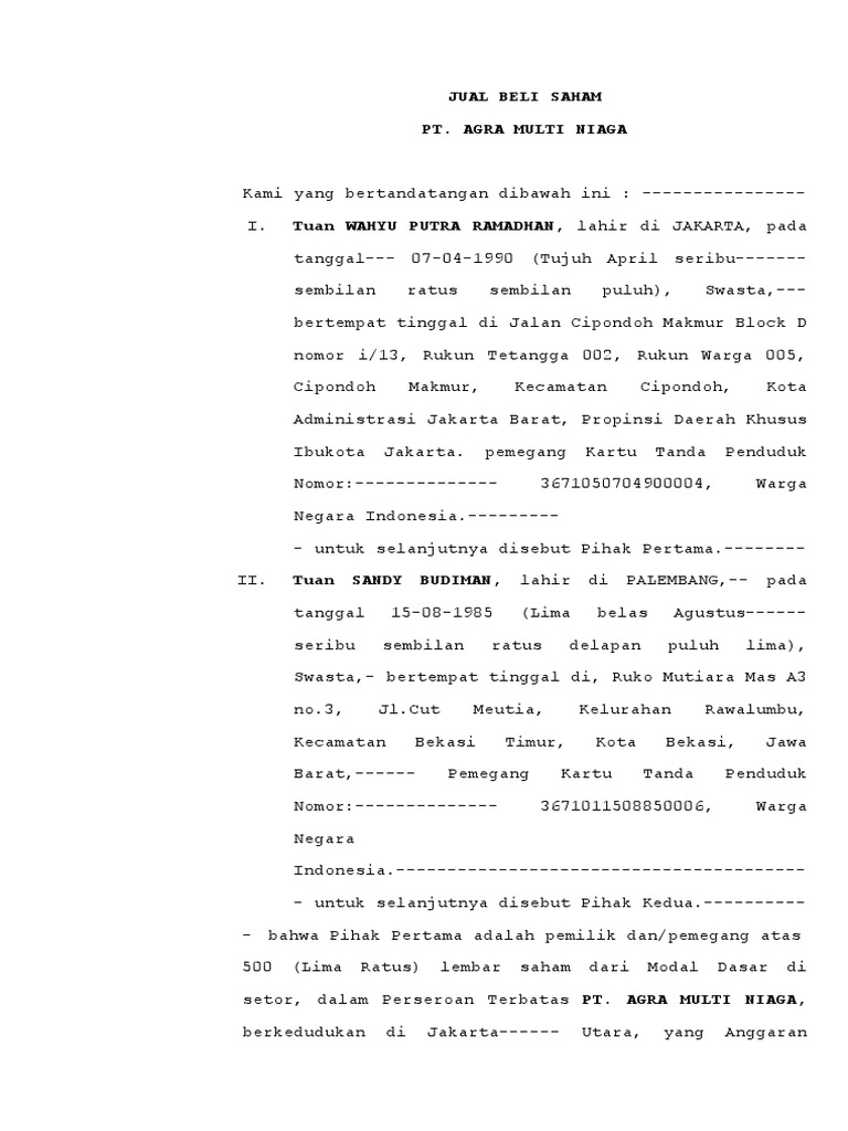 DRAFT Jual Beli Saham (Bawah Tangan) | PDF