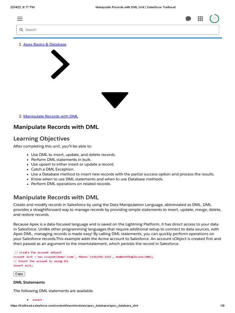 Manipulate Records With DML Unit - Salesforce Trailhead | PDF | Database Transaction | Databases