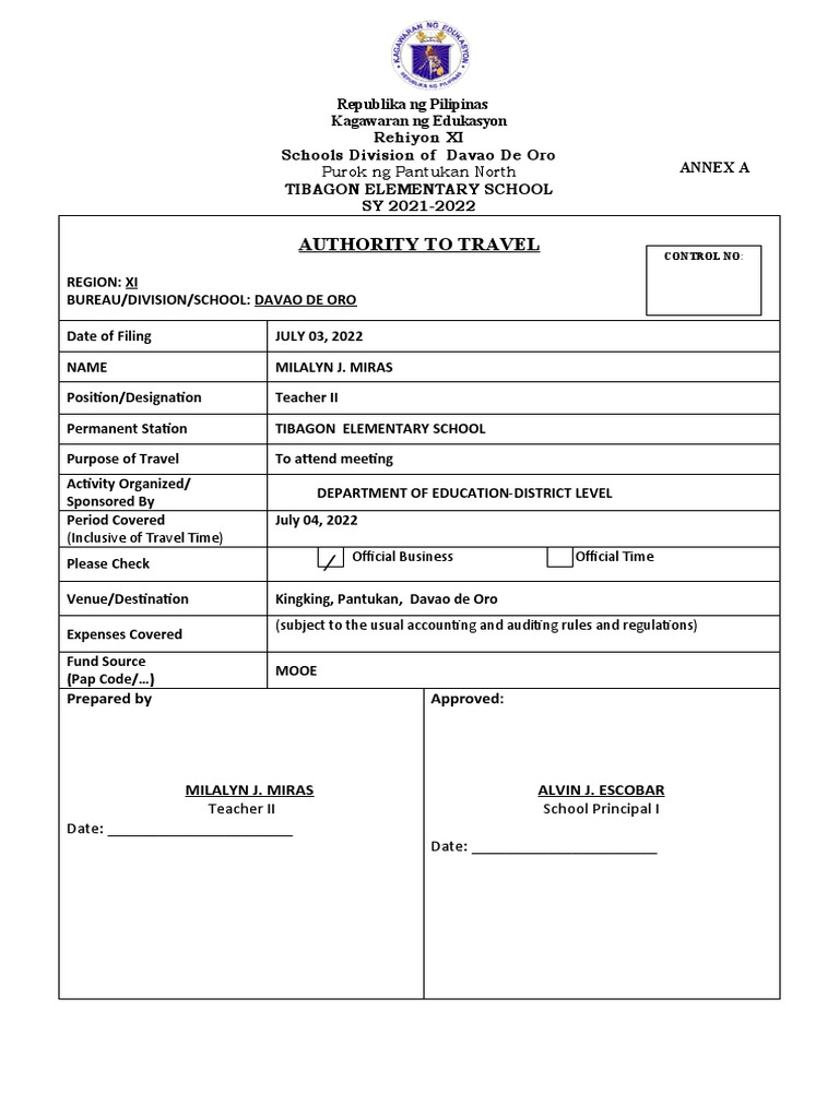 Teacher Travel Authority Form Documenting Upcoming Professional ...