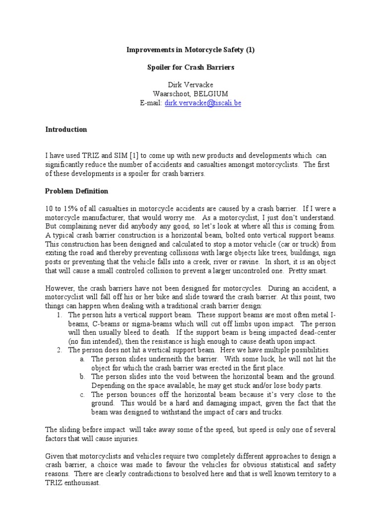 Improvements in Motorcycle Safety (1) Spoiler For Crash Barriers | PDF ...