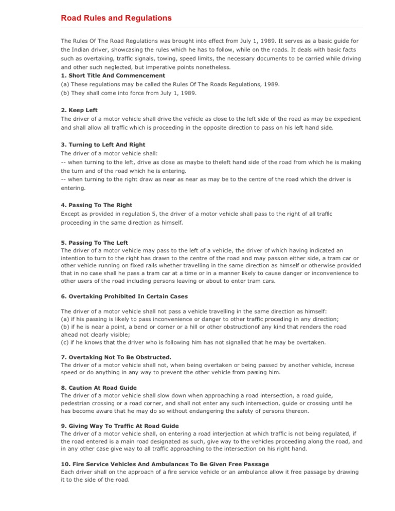 Road Rules and Regulations | PDF | Traffic | Driving