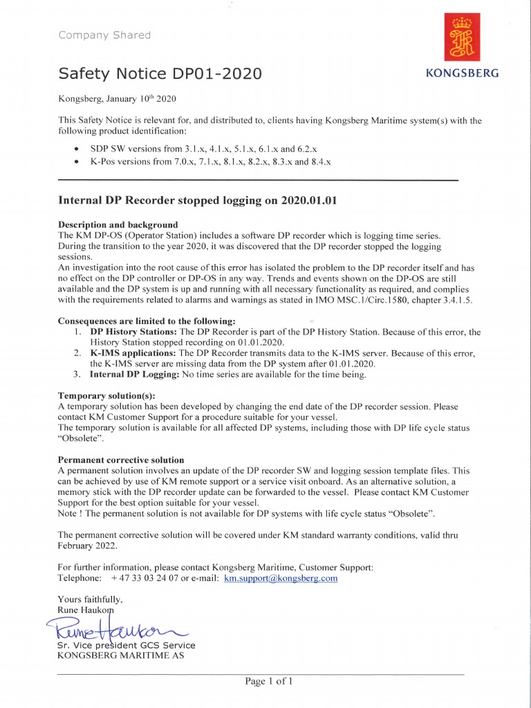 Safety Notice DP01-2020 DP Recorder Logging Stopped 2020.01.01 | PDF