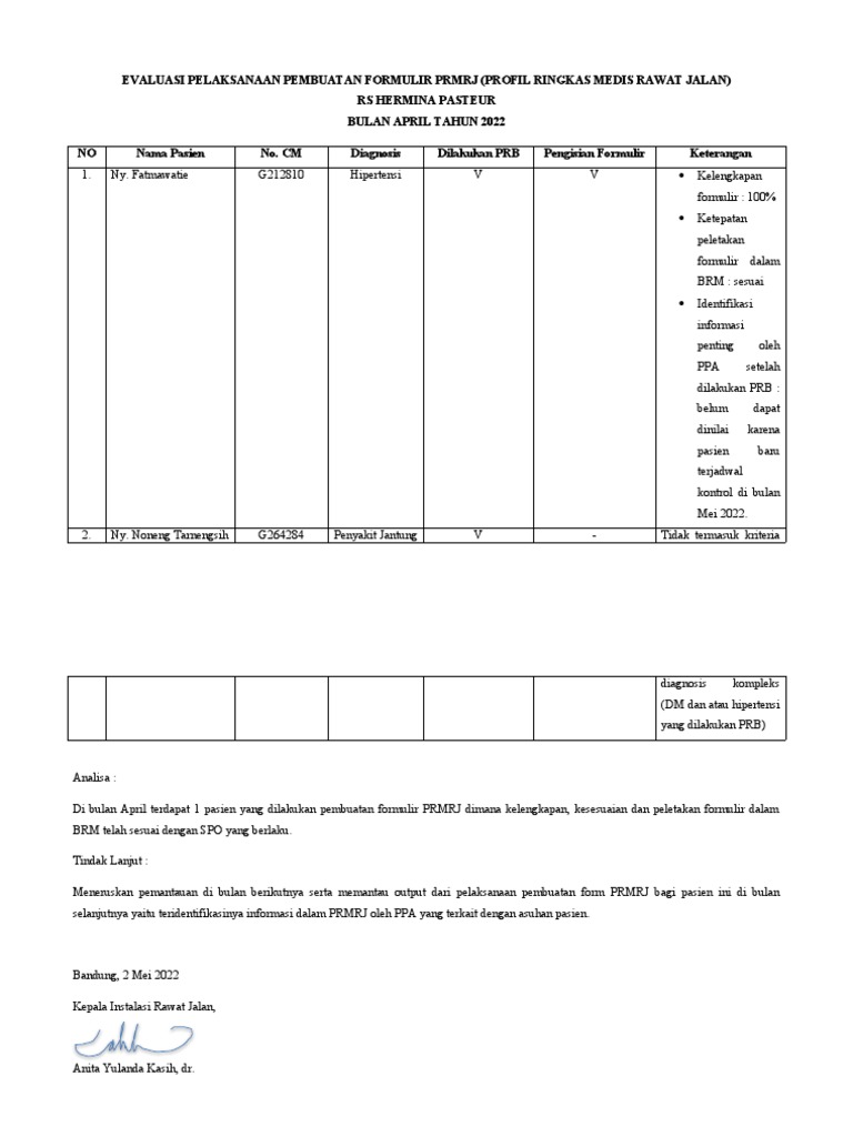Evaluasi Formulir PRMRJ April 2022 | PDF