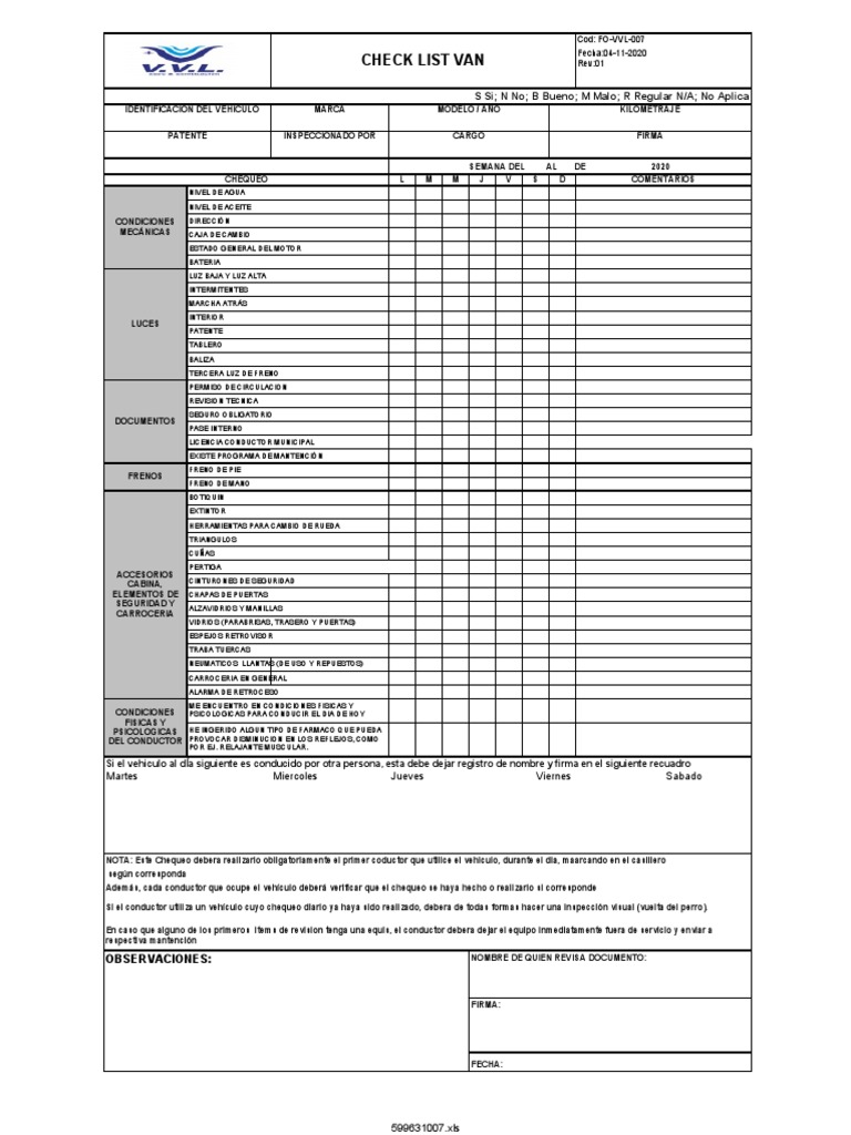 FO-VVL-007 Check List VAN | PDF | Fabricantes de automóviles | Bienes ...