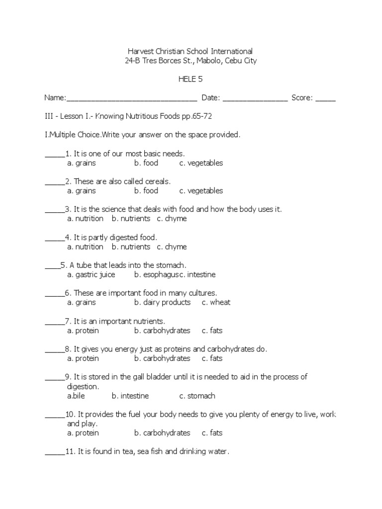 HELE 5 Nutrition and Meal Planning Quiz | PDF | Vitamin | Foods
