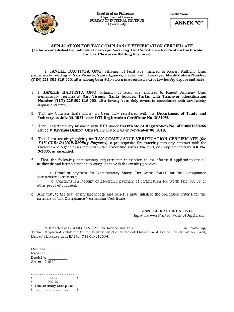 APPLICATION FOR TAX COMPLIANCE VERIFICATION CERTIFICATE - Ong | PDF ...