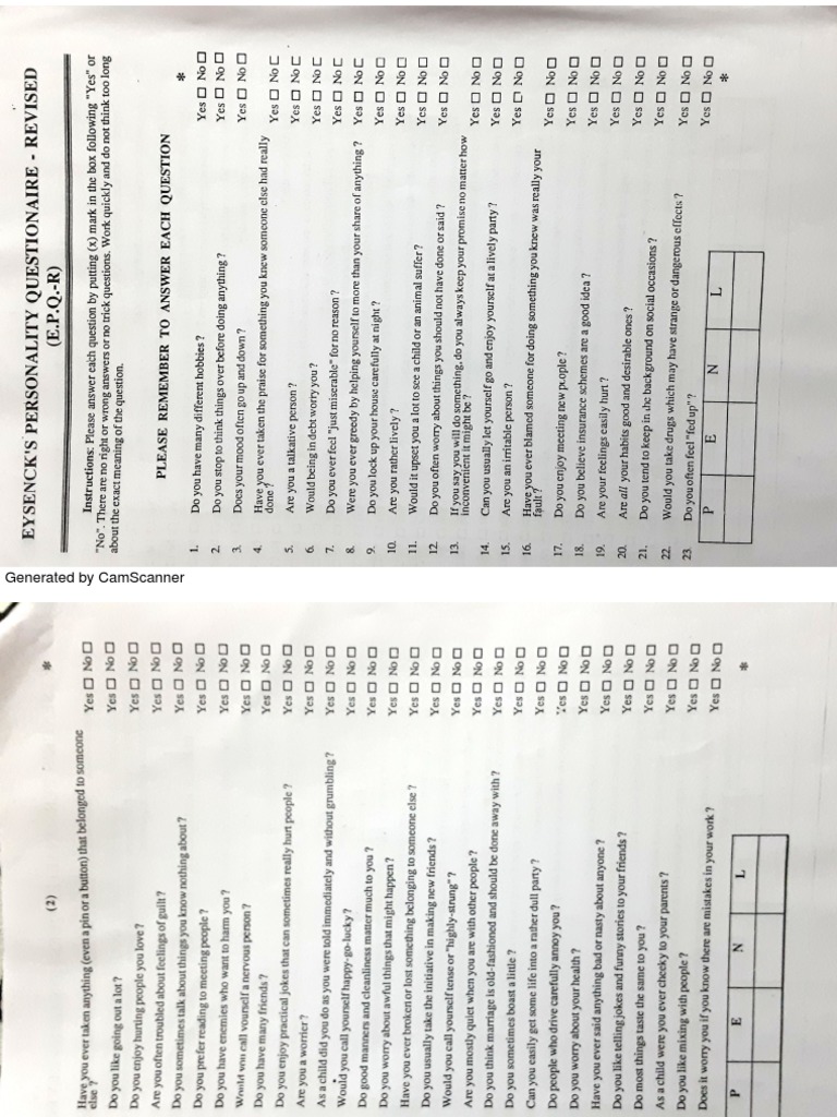 EPQ-R Questionnaire | PDF