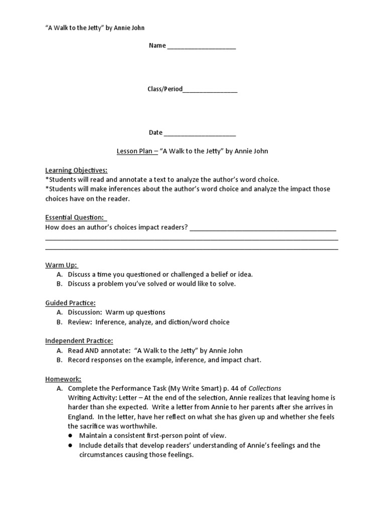 A Walk To The Jetty Lesson Plan | PDF | Self-Improvement
