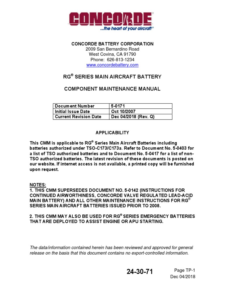RG Series Main Aircraft Battery Component Maintenance Manual | PDF ...