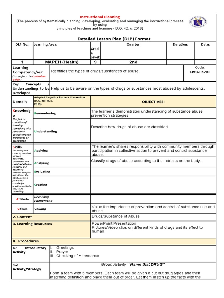 Detailed Lesson Plan (DLP) Format: 1 MAPEH (Health) 9 2nd | PDF | Substance Abuse | Cannabis (Drug)
