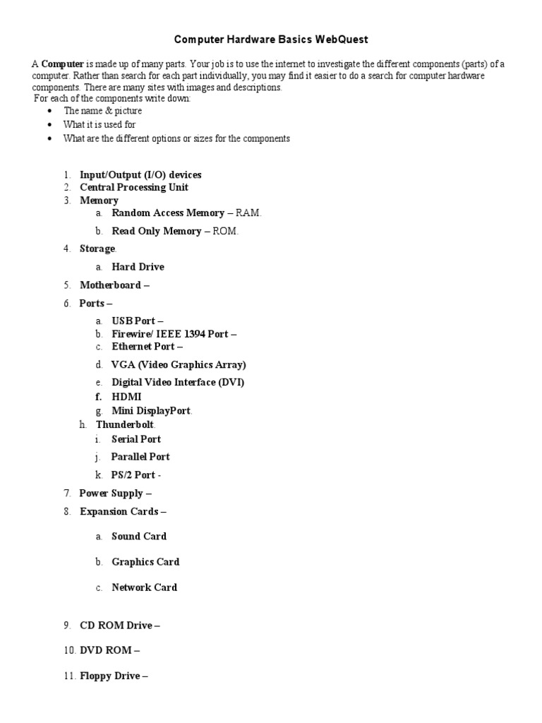 Computer Hardware Basics Webquest | PDF