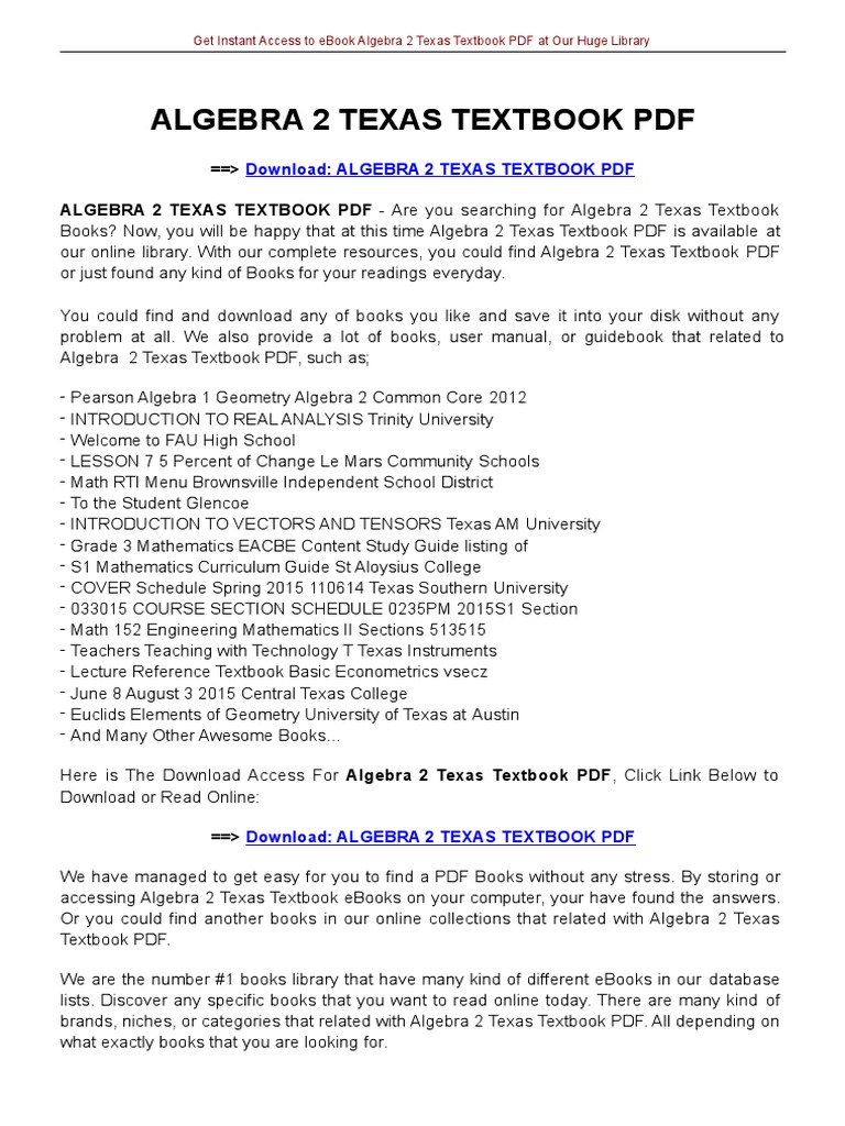 Download: Algebra 2 Texas Textbook PDF | PDF | Textbook | Mathematics