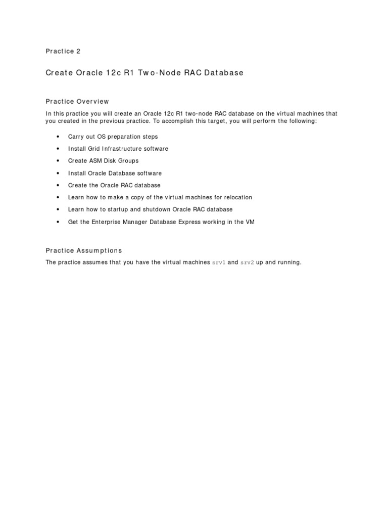 Practice Create Oracle 12c R1 Two-Node RAC Database | PDF | Databases | Computer Cluster