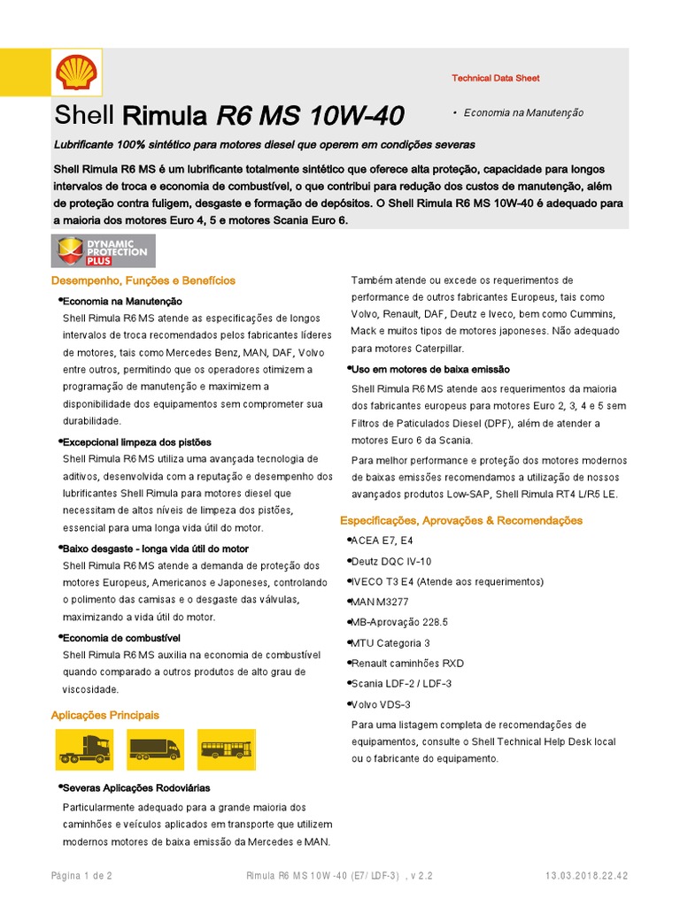 Technical Data Sheet for Shell Rimula R6 MS 10W-40 Fully Synthetic ...