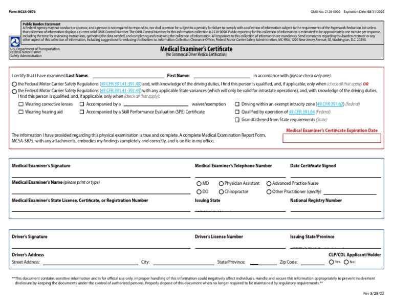 Medical Examiner's Certificate Form MCSA-5876 | PDF