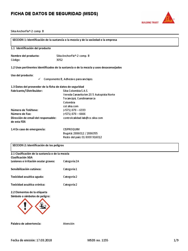 Sika Anchorfix MSDS | PDF | Agua | Residuos