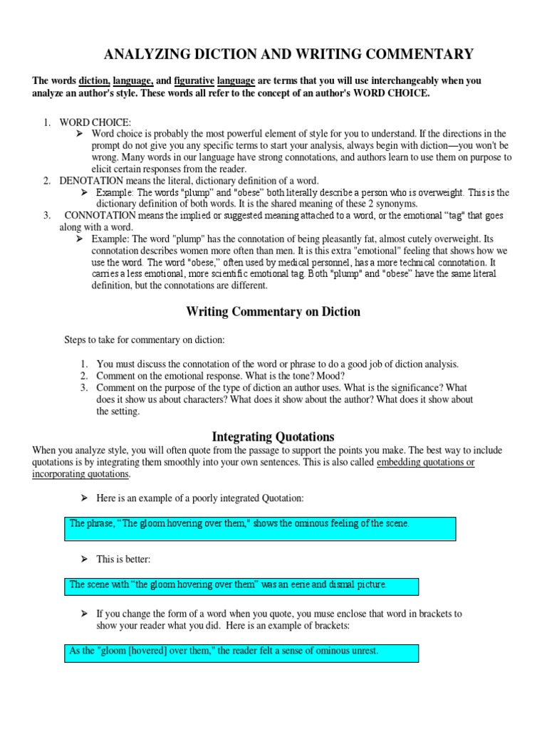 Diction Analysis and Commentary Guide | PDF | Connotation | Word