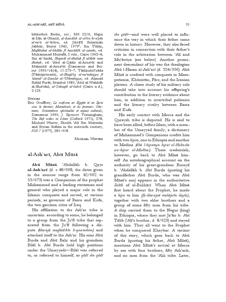 Entry - Abu Musa Al-Ashari in Encyclopaedia of Islam by M. Lecker ...