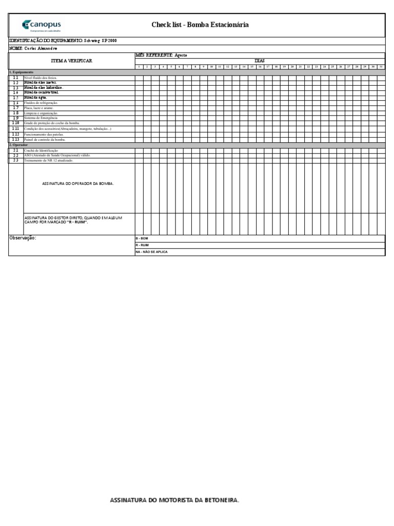 Check List - Bomba Estacionada Rev 1 | PDF | Tecnologia e Engenharia