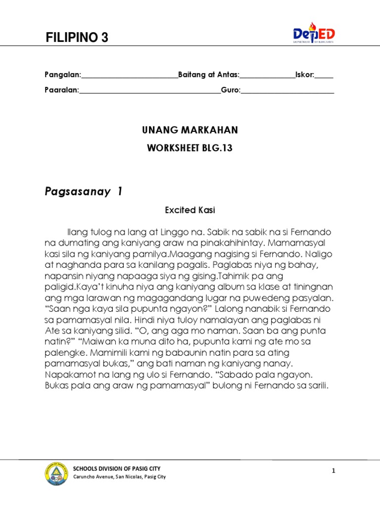 Filipino 3: Pagsasanay 1 | PDF