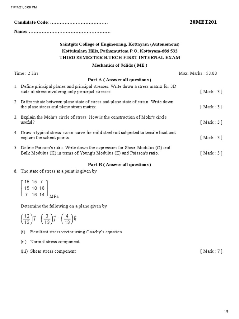 Mechanics of Solids Exam - Jason Cherian | PDF | Stress (Mechanics ...