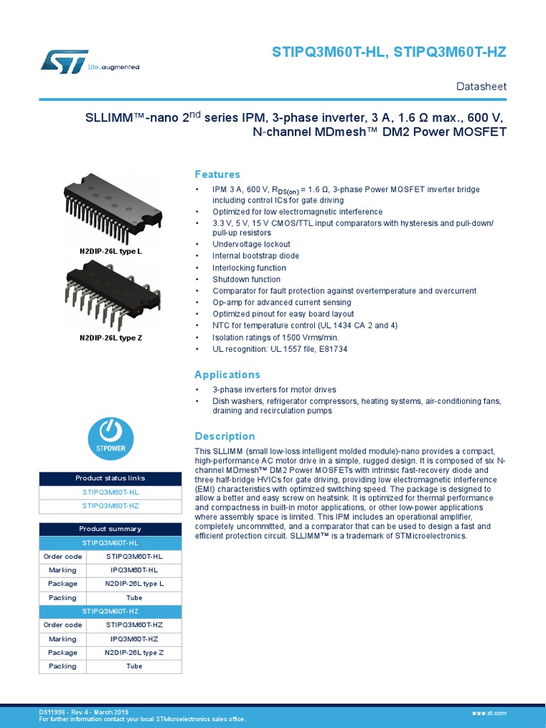 Sllimm™-Nano 2 Series Ipm, 3-Phase Inverter, 3 A, 1.6 Ω Max., 600 V, N ...