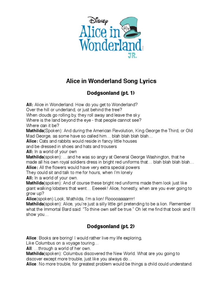 Show Lyrics - Alice in Wonderland | PDF | Lewis Carroll | English ...