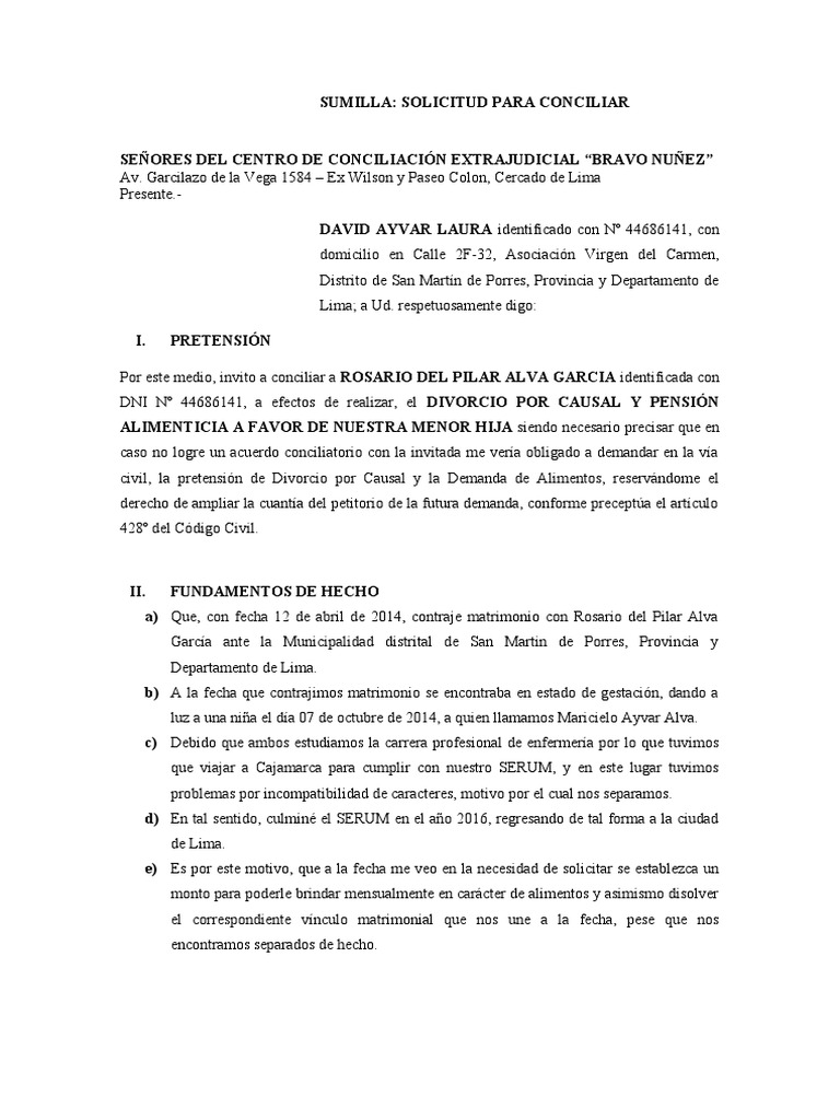 Solicitud para Conciliar | PDF | Divorcio | Lima