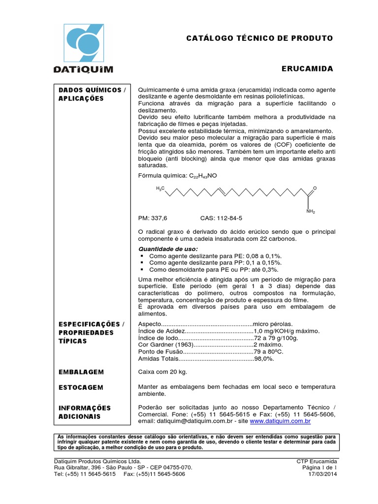Características e aplicações da erucamida como agente deslizante e ...