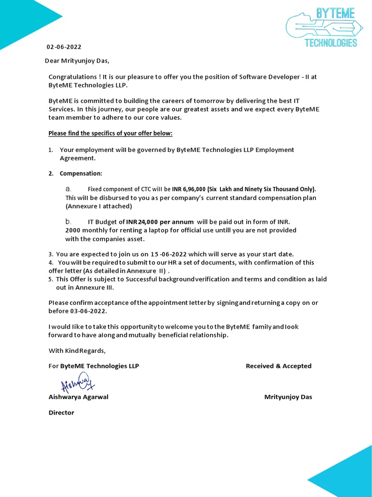 Mrityunjoy Das - Offer Letter | PDF | Employment | Salary