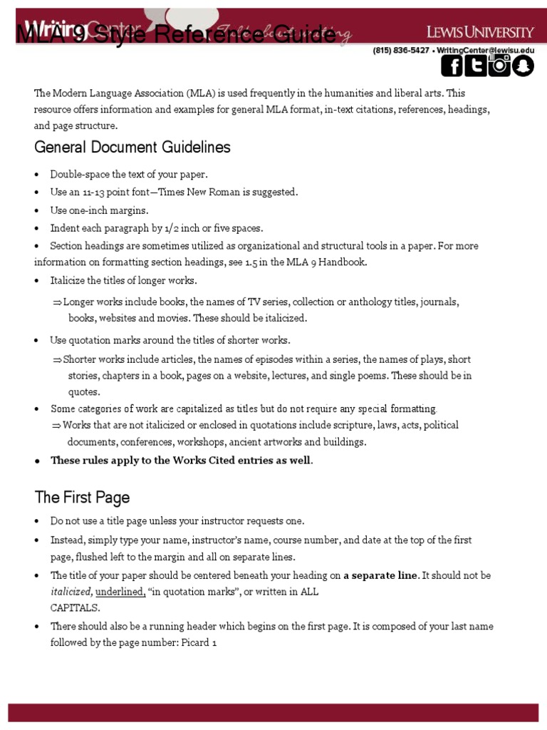 MLA 9 Style Reference Guide: General Document Guidelines | PDF ...