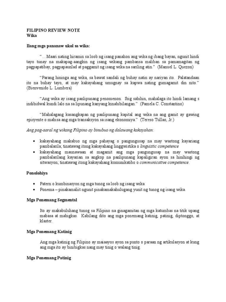 Filipino Review Note | PDF