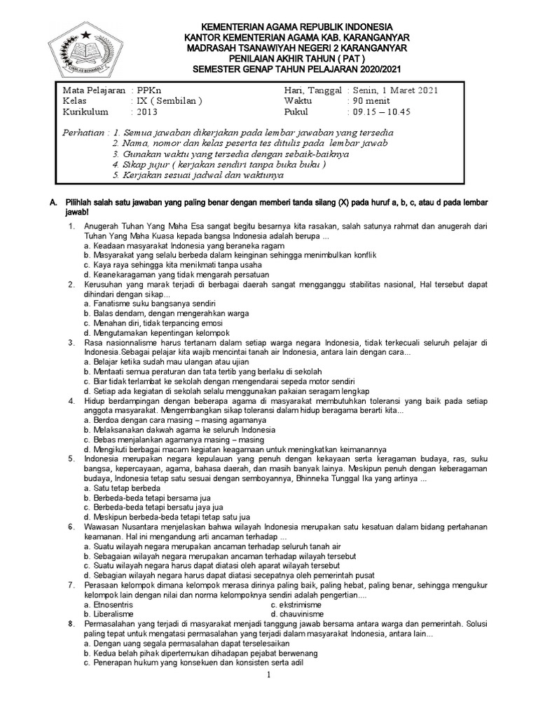 Soal PAS Genap PPKN 9-2020-21 | PDF