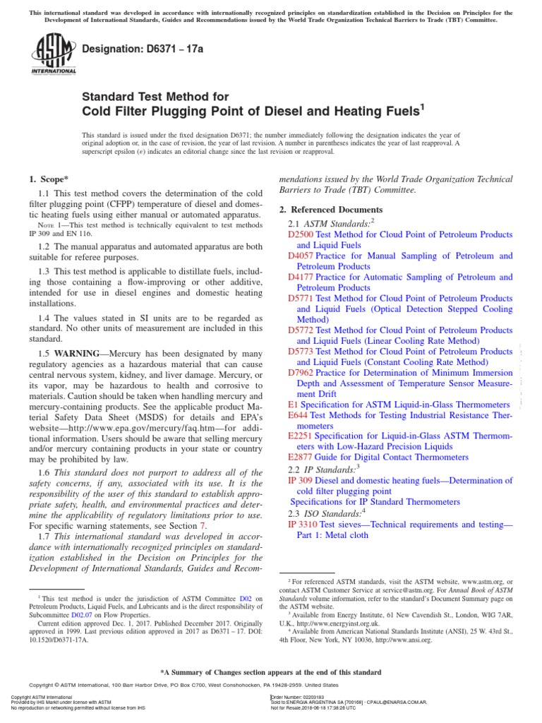 Cold Filter Plugging Point of Diesel and Heating Fuels: Standard Test ...