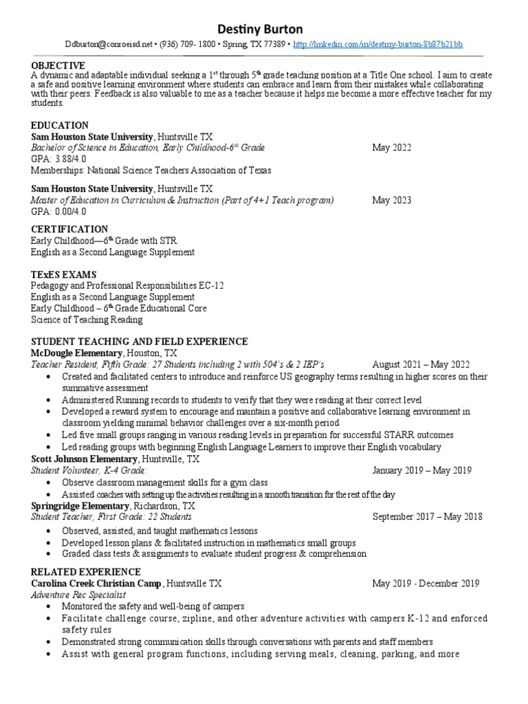 destiny burtons resume | PDF | Teachers | English As A Second Or ...
