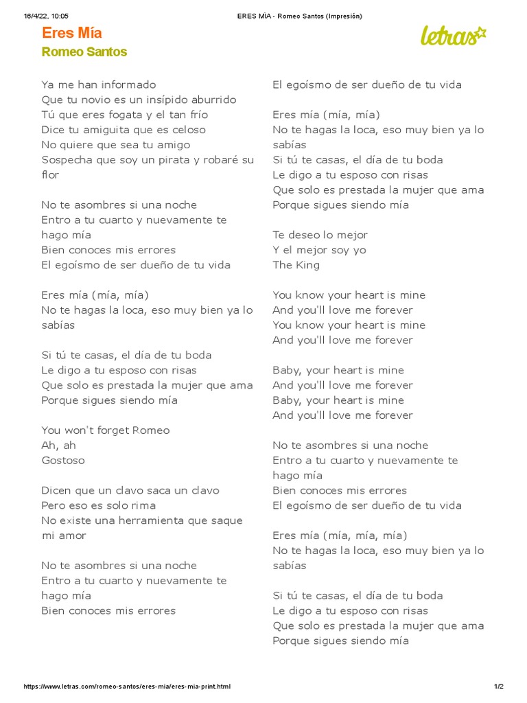 Letra de "Eres Mía" - Romeo Santos | PDF
