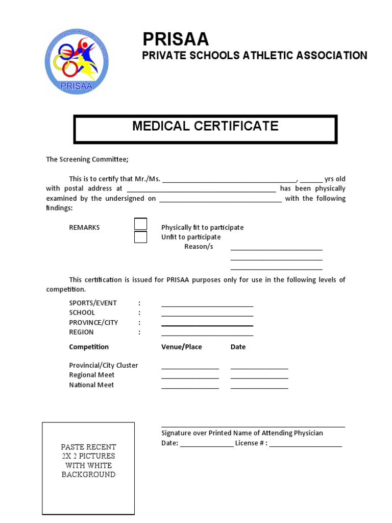Prisaa Medical Certificate Form 2022 | PDF
