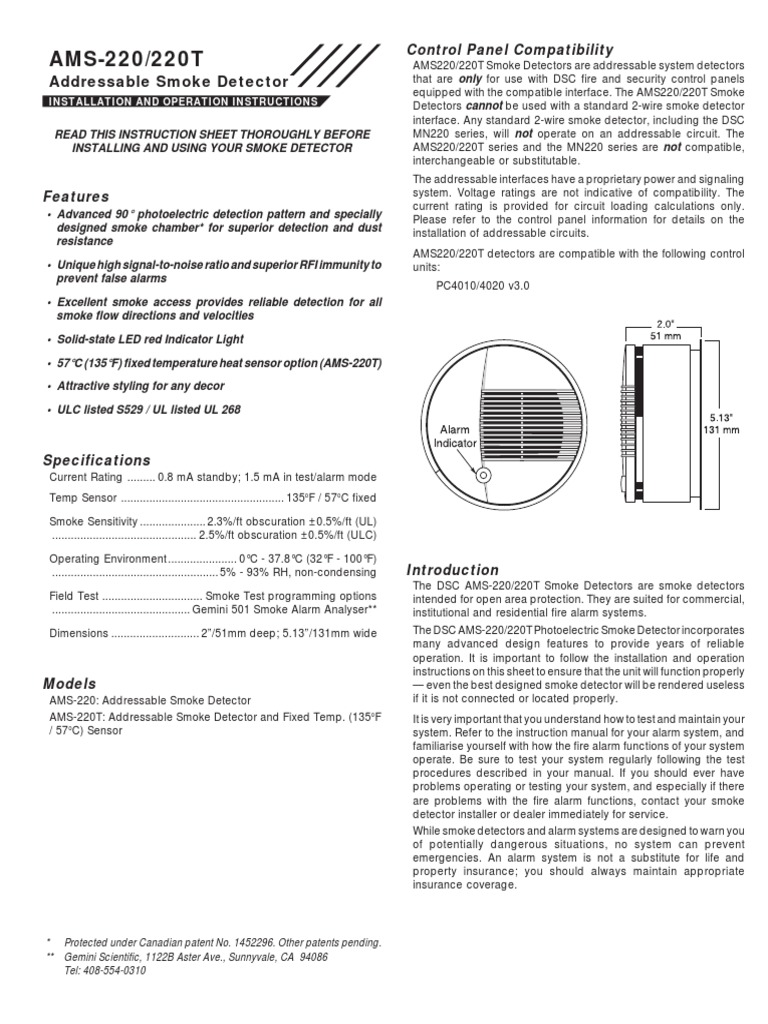 AMS-220/220T: Addressable Smoke Detector | PDF | Sensor