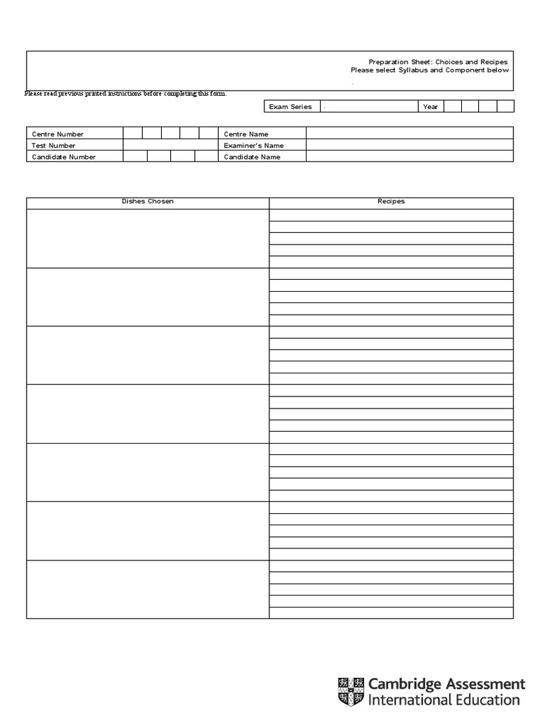Preparation Sheet: Choices and Recipes Please Select Syllabus and ...