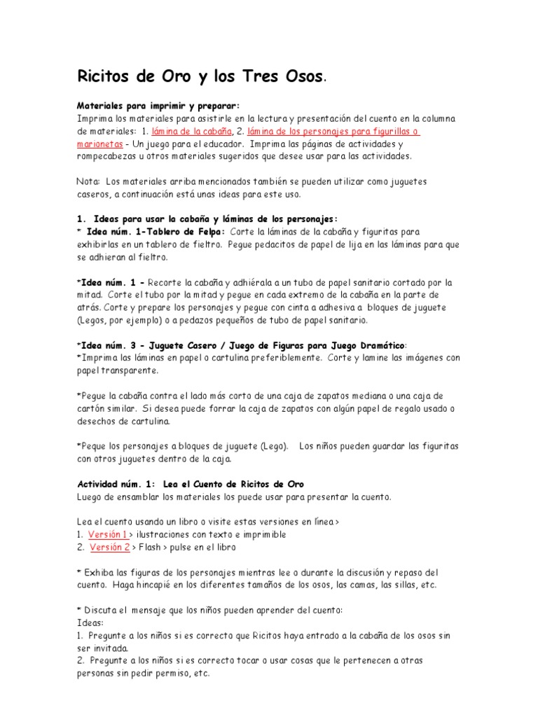 Actividades Ricitos de Oro y Los Tres Osos | PDF | Papel | Ocio