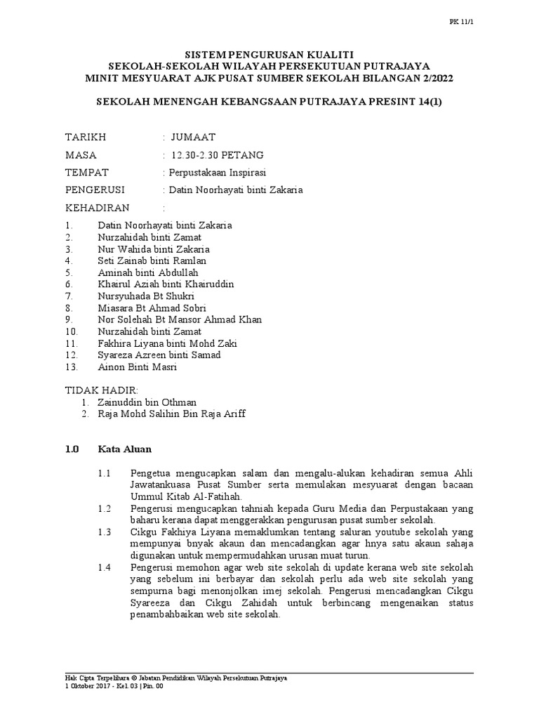 Minit Mesyuarat Induk Bil 2-2022 | PDF