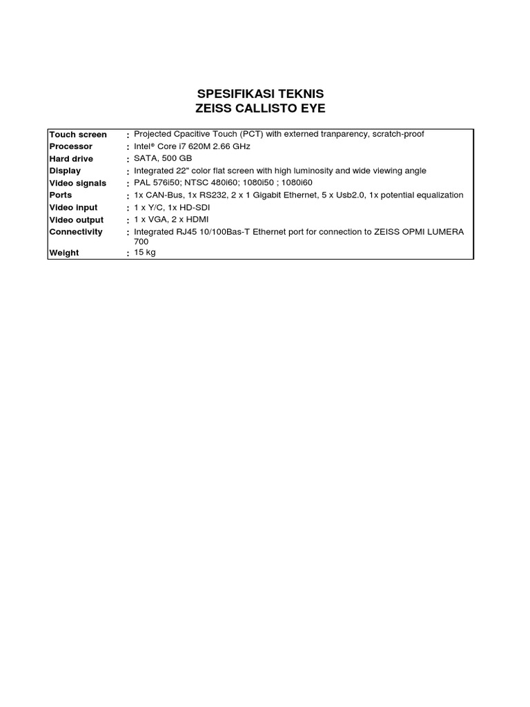 Spesifikasi Teknis Carl Zeiss Callisto Eye | PDF