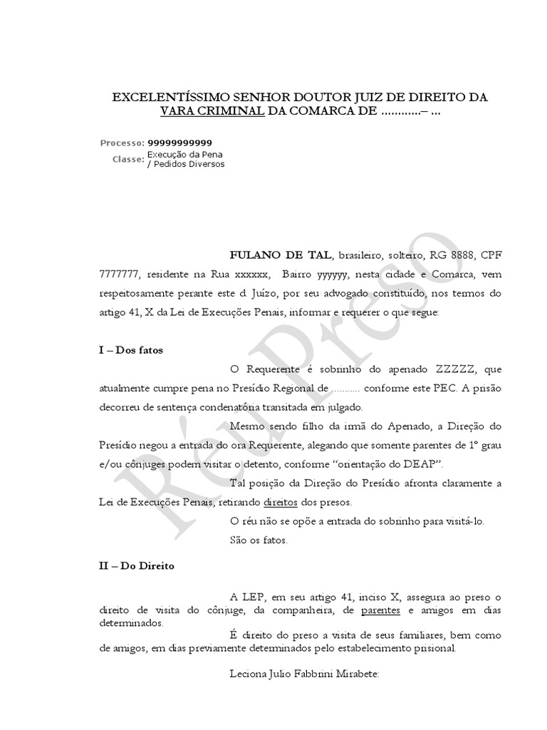 Execucao Penal Modelo de Requerimento para Autorizacao de Visita A ...