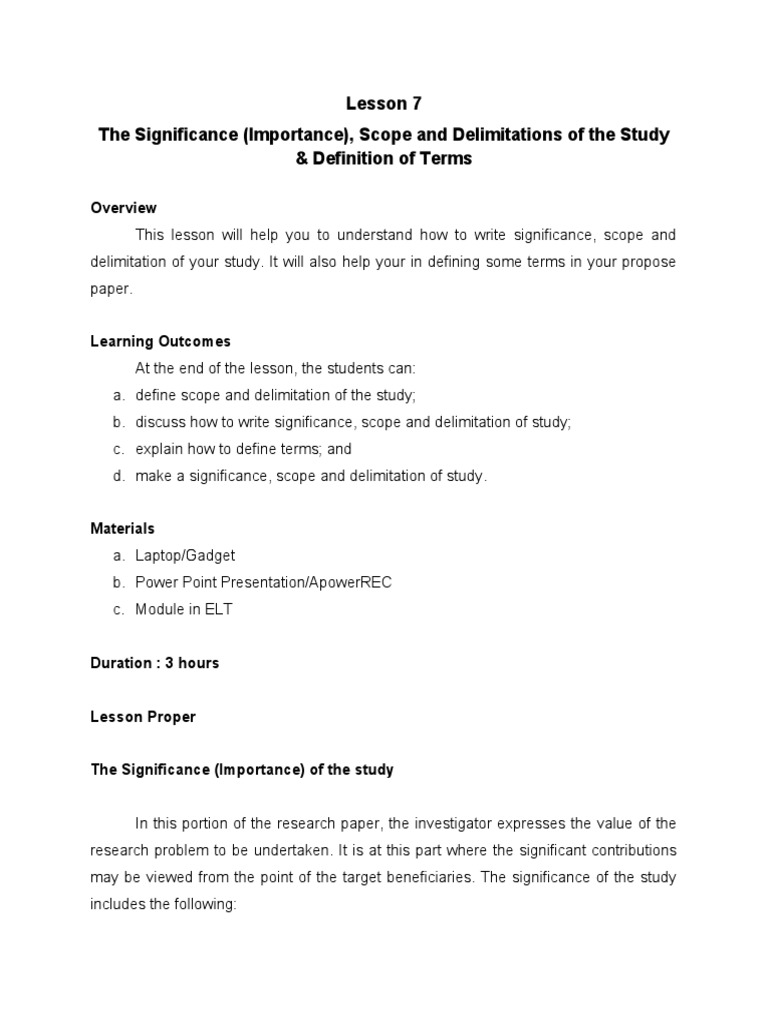 Lesson 7 The Significance (Importance), Scope and Delimitations of The ...