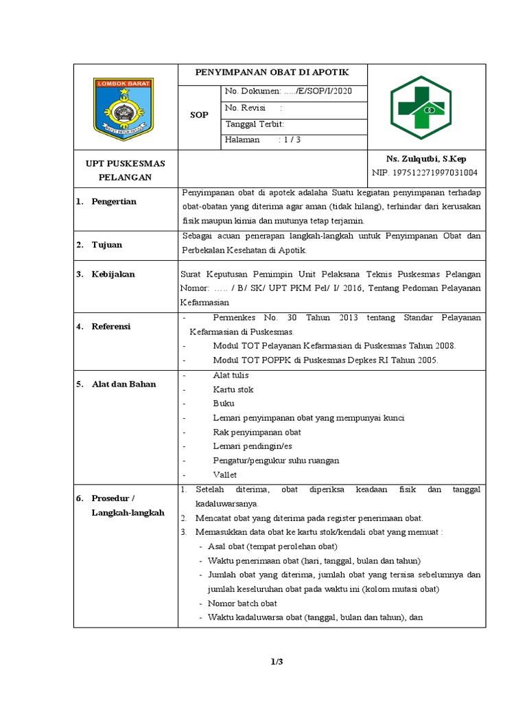 Sop Penyimpanan Obat Di Apotik | PDF
