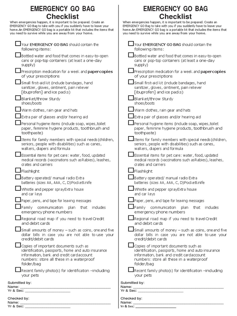 Emergency Go Bag Checklist Emergency Go Bag Checklist | PDF | Identity ...