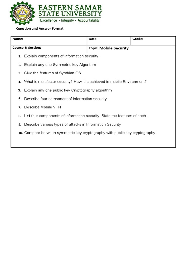 Mobile Security: Question and Answer Format Name: Date: Grade: Course ...