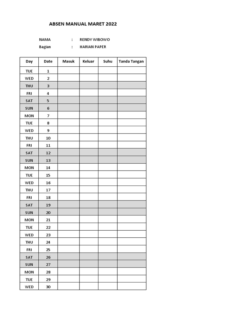 Absen Manual Maret 2022: Nama: Rendy Wibowo Bagian: Harian Paper | PDF