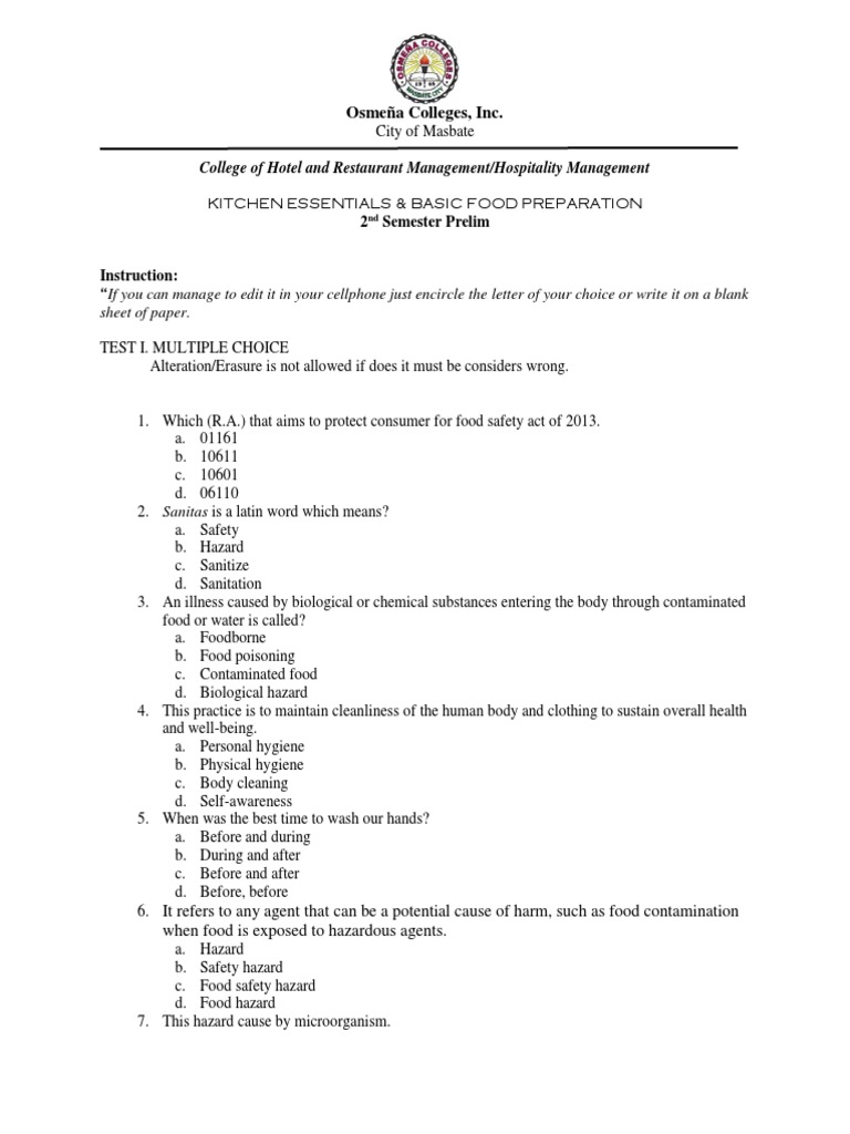 Kitchen EXAM Prelim | PDF | Foods | Food Safety